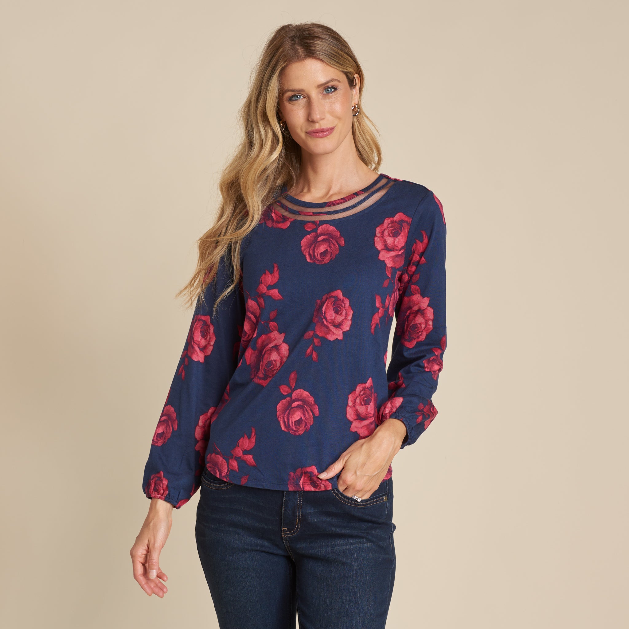 Rose Print Mesh Detail Long Sleeve Top – Christopher & Banks