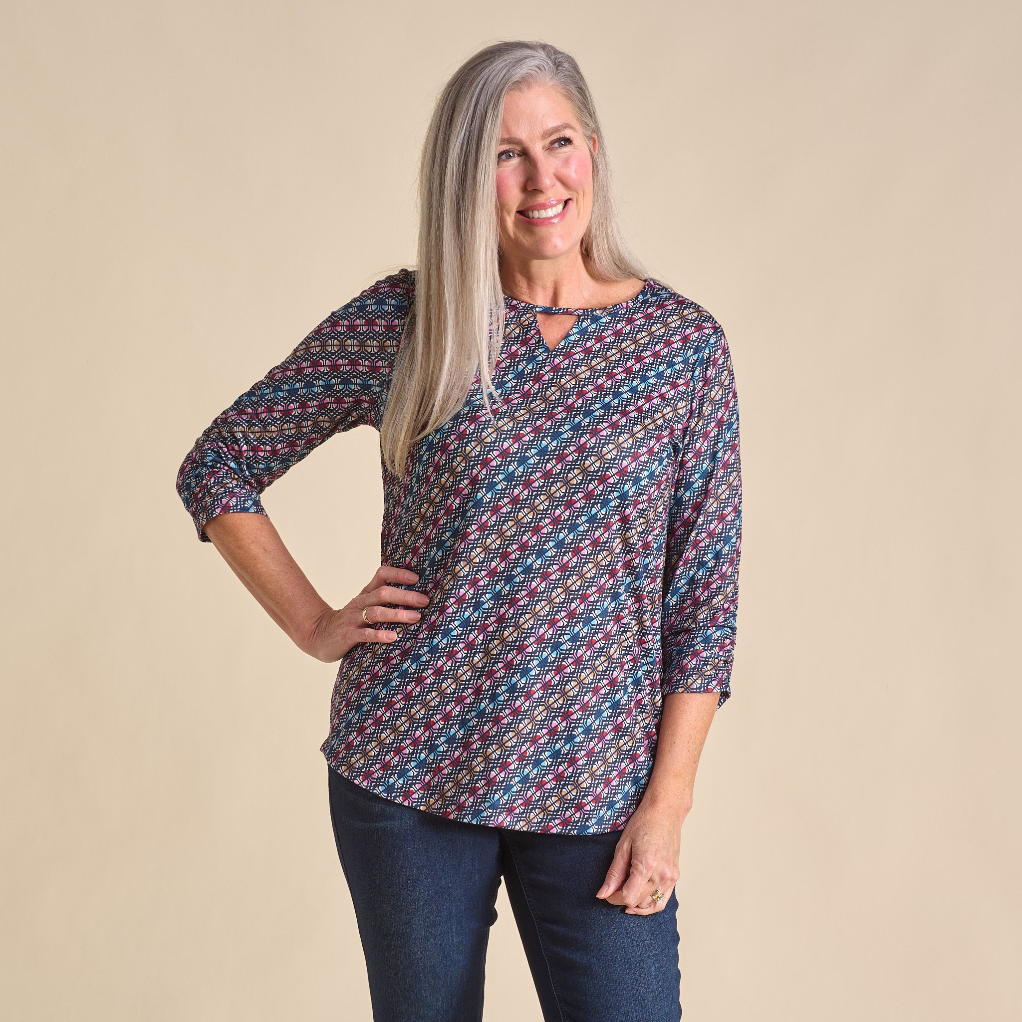 Diagonal Geo Print Keyhole Neck 3/4 Sleeve Tee – Christopher & Banks