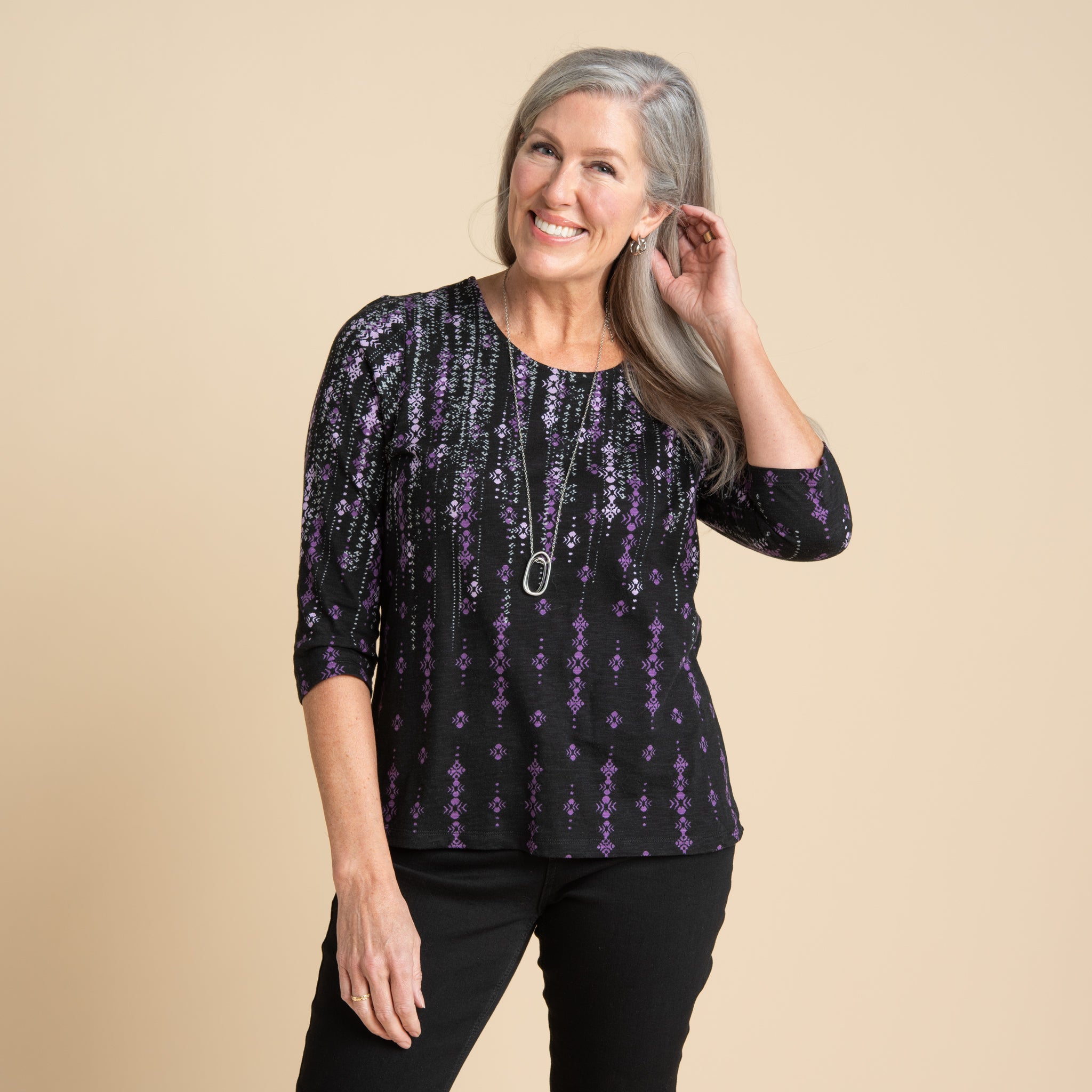 Abstract Print Scoop Neck ¾ Sleeve Tee – Christopher & Banks