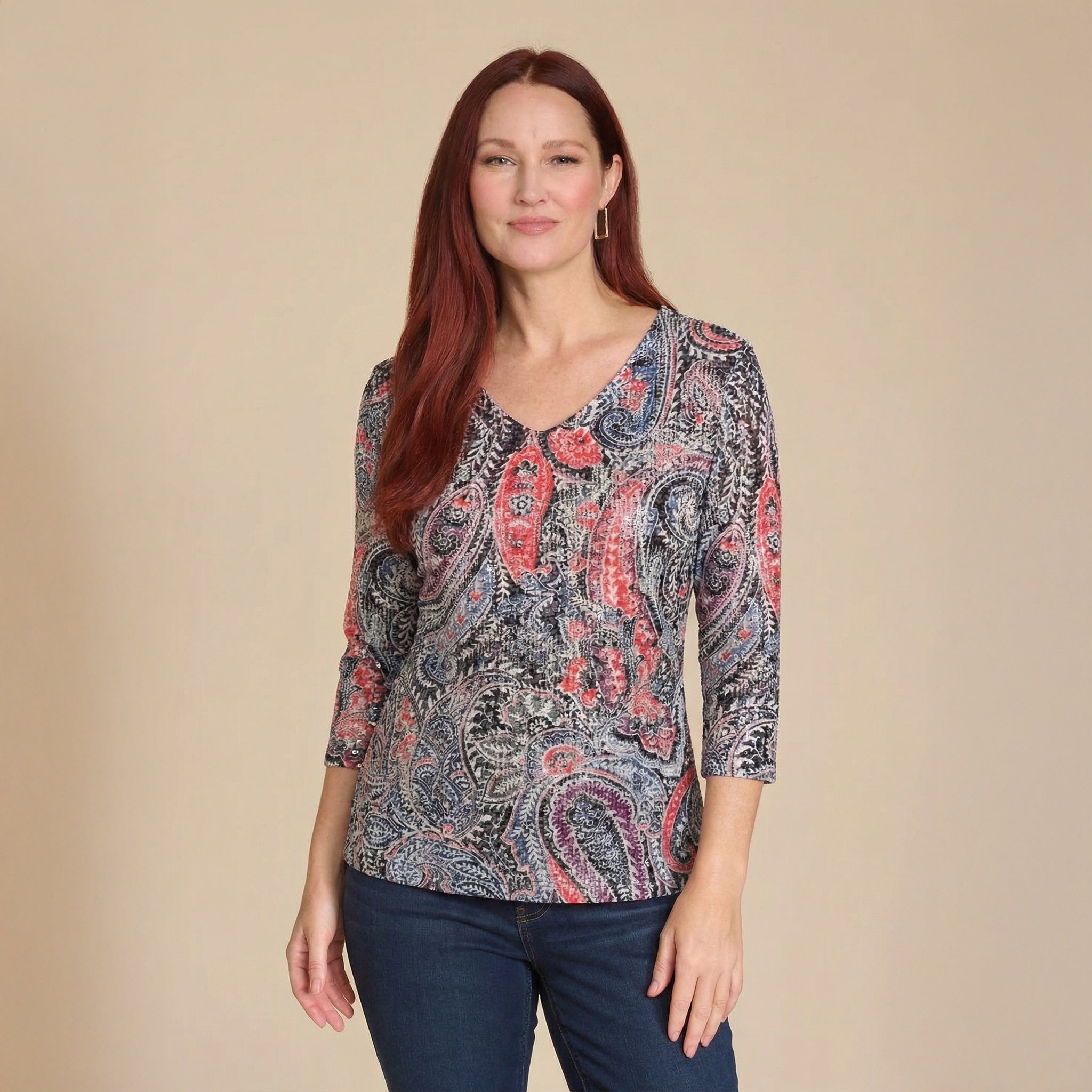 Paisley Print Foil Detail 3/4 Sleeve Tee – Christopher & Banks