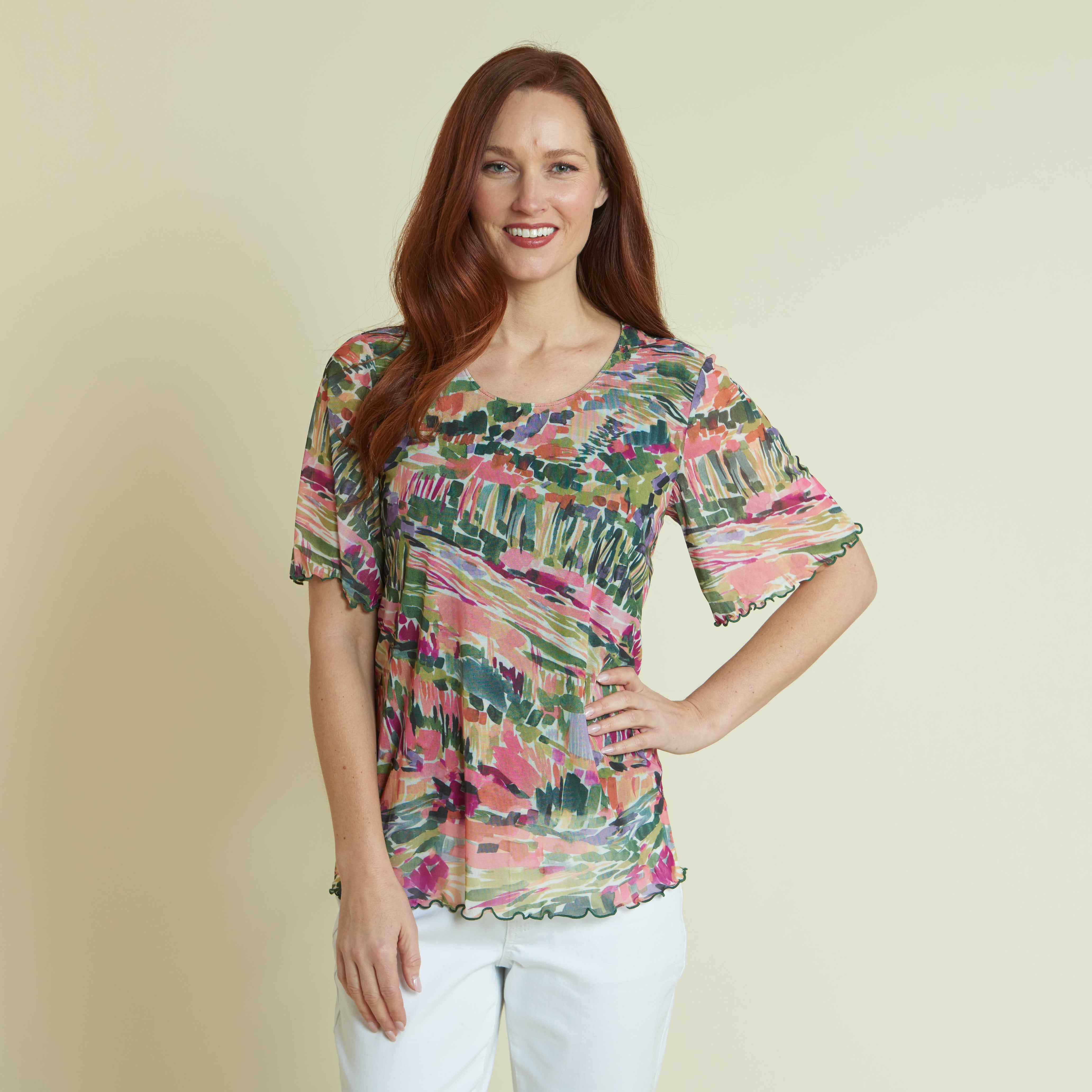 Abstract Landscape Print Mesh Flutter Short Sleeve Top – Christopher ...