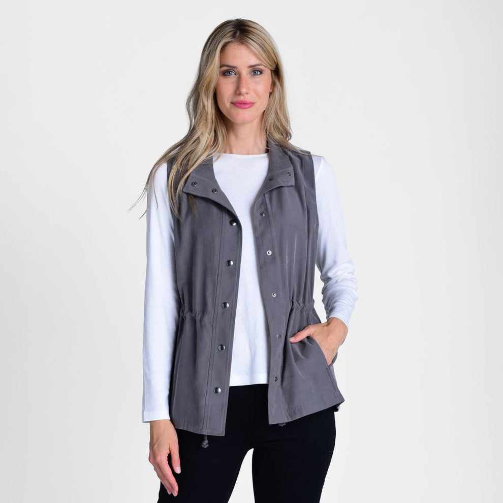 Cinched Waist Snap Front Vest – Christopher & Banks