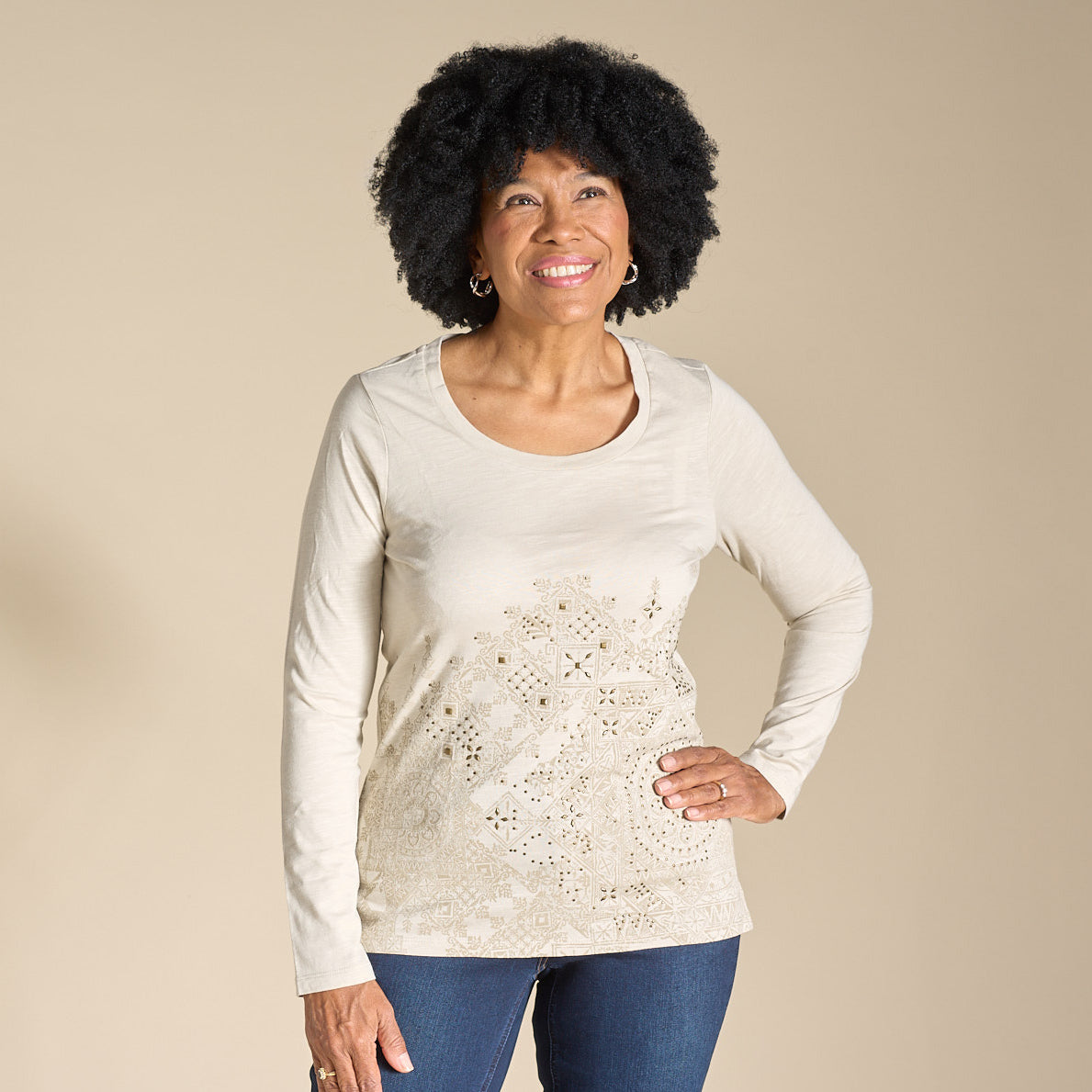 Foil Printed Embellished Long Sleeve Tee – Christopher & Banks